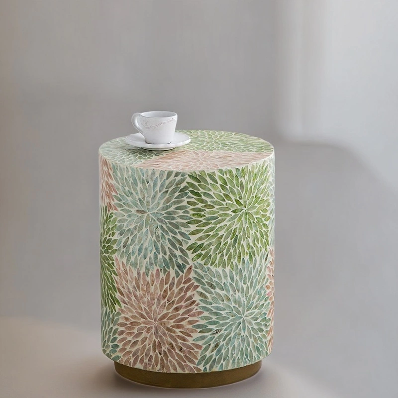 Darphe Cylindrical Garden Capiz Stool, Accent Side Table